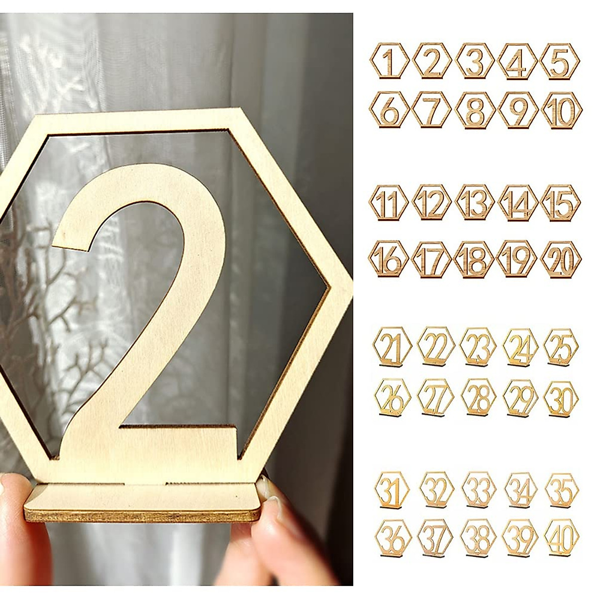 SYCOOVEN Wooden Table Numbers, 1-10 Wedding Table Numbers with Holder Base, Double Sided Hexagon Shape Perfect for Wedding, Party, Events or Catering Decoration(11-20)
