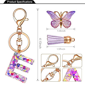 JINGUAZI Initial letter Keychains for Women Tassel Butterfly Pink Cute Car Keychain for Wallet Purses Backpack (Purple E)