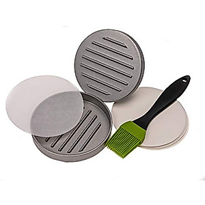 J-Line Design Deluxe Cast Aluminum Hamburger Patty Press Burger Maker with Plastic Handle Complete with Sauce Basting Brush and 100 Non-Stick Wax Paper Sheets