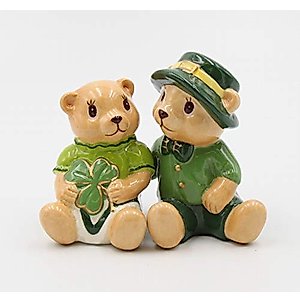 Fine Ceramic Irish St. Patrick Teddy Bear with Shamrock Prints Design Salt & Pepper Shakers Set, 3-1/2"