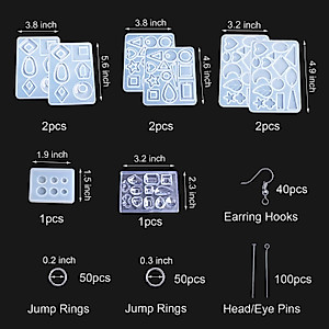LET'S RESIN 198PCS Resin Jewelry Molds, with 8 Pairs Earring Resin Molds, Resin Earring Molds Silicone for Jewelry, Earring Hooks, Jump Rings, Head/Eye Pins for Resin Jewelry, Pendant