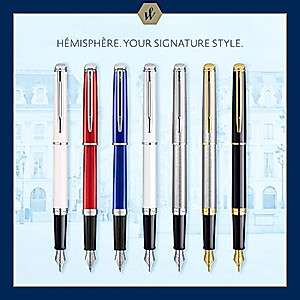 Waterman Hémisphère Fountain Pen Gloss Black with 23K Gold Trim Fine Nib Blue Ink Gift Box