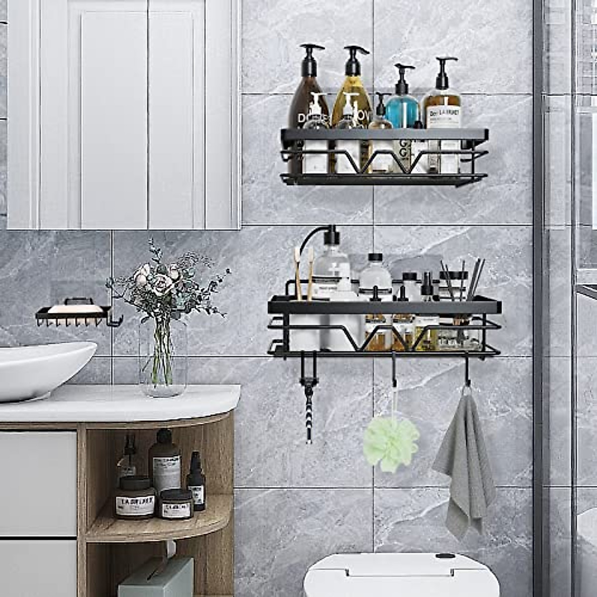 DBDEIW Shower Caddy,2 Pack Shower Organizer Shelves,No Drilling Rustproof Stainless Steel Shower Shelf for Inside Shower,Adhesive Shower Basket Rack with Soap Holders and 4 Hooks for Bathroom,Black