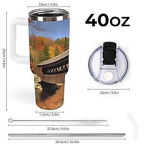 ADASGHBY Large Capacity Car Cup with Straw Lid Albany Covered Bridge Leakproof Insulated Stainless Steel Tumbler Fits in Car Cup Holder