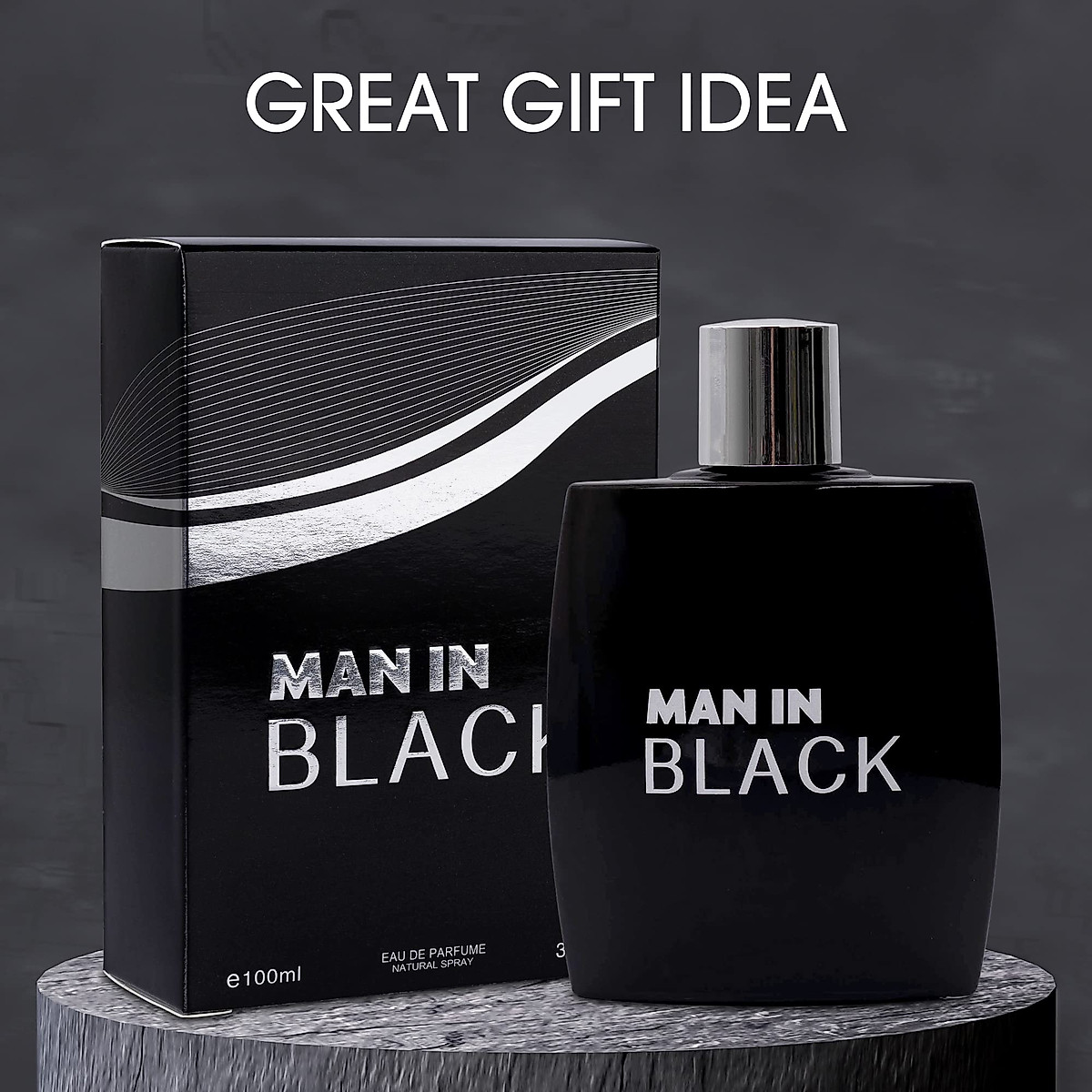 NovoGlow Man in Black for Men - Luxurious Aroma in Each 3.4 fl Oz Black Glass Bottle - Top Notes of Bergamot and Pineapple Formulated with Essential Oils - Fantastic Gift Choice - Grey Suede Pouch
