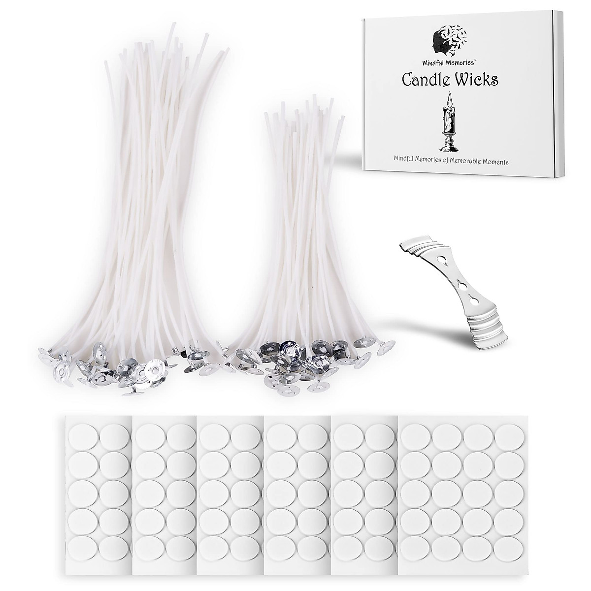 Mindful Memories Candle Wicks 90 Pcs (4 inch, 6 inch, 8 inch) with 2 Candle Wick Holders & 90 Wick Tab Stickers, Long Lasting Pre-Waxed & Tabbed Cotton Threads with No Black Smoke for DIY Crafts