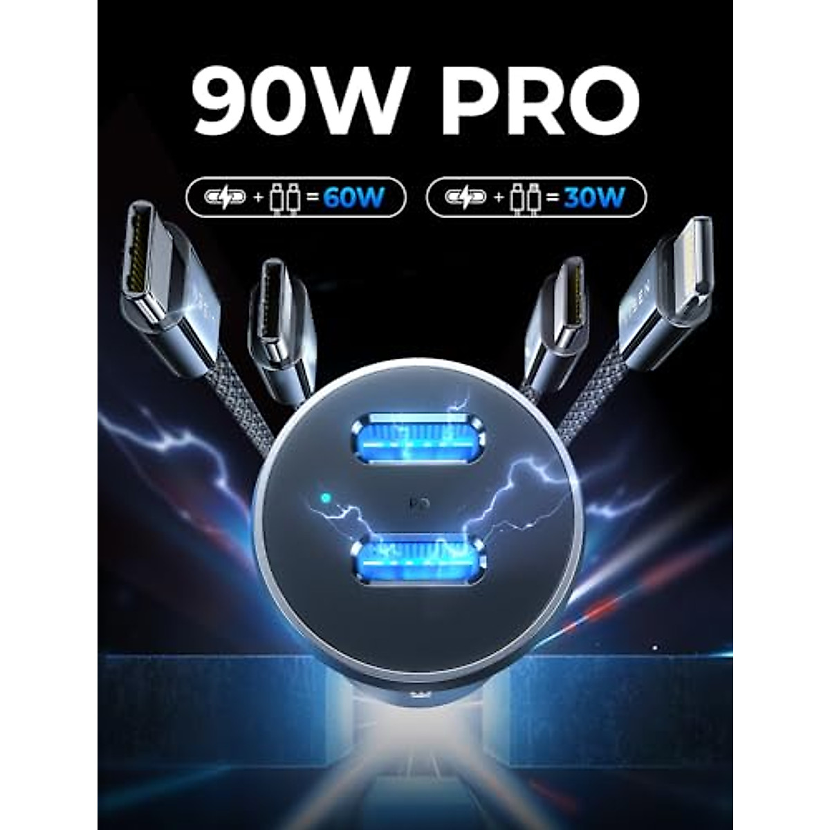 LISEN 90W USB C Car Charger Fast Charging, Dual USB C Port PD 45W Cigarette Lighter Adapter USB C Charger, Super Fast Car Charger USB C with Lightning Cable & USB C Cable for iPhone 15 Pro Max/Samsung