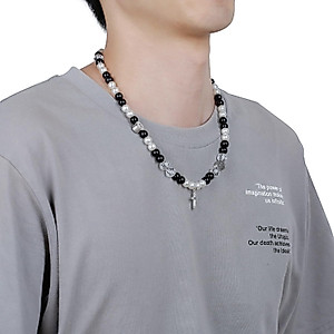 FLYEMMET Gothic Cross Charm Pendant Necklaces Y2k Fashion Black Beads Pearls Chain Choker Necklace for Women Men Jewelry Gifts (Smiley Face Beads)