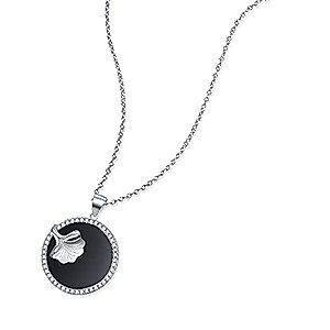 SFERT 925 Sterling Silver Ginkgo Leaf Onyx Round Pendant Necklace