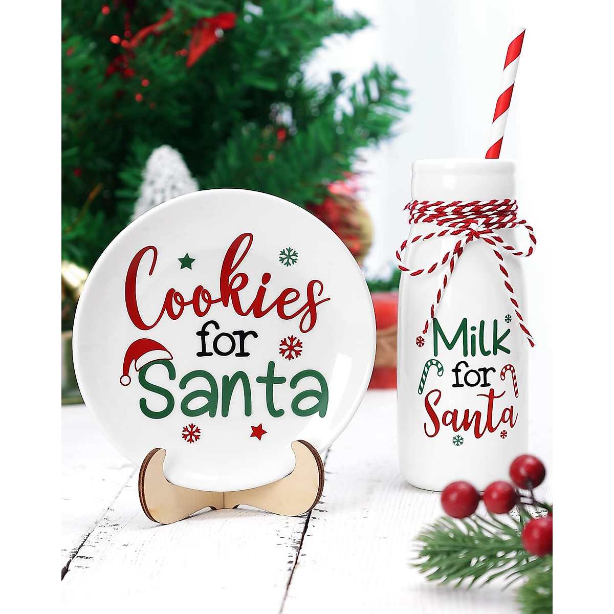 Nefelibata Christmas Tiered Tray Decor, Mini Cookies for Santa Plate Milk Jar Set, Ceramics Xmas Treat Plate Home Kitchen Dining Table Decor Holiday Housewarming Gift for Young Children New Parents