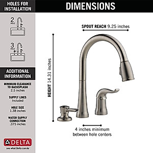 Delta Faucet Kate Pull Down Kitchen Faucet Brushed Nickel with Pull Down Sprayer, Kitchen Sink Faucet, Faucet for Kitchen Sink, Soap Dispenser, Stainless 16970-SSSD-DST