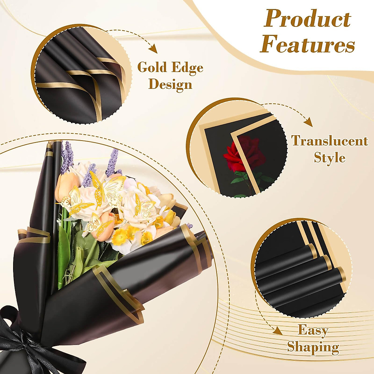 cridoz 20 Sheets Flower Bouquet Wrapping Paper with 12 Pieces Gold Butterfly Decorations for Flower Bouquets, Waterproof Floral Bouquet Wrapping Paper for Flower, Gift Wrapping(Black)
