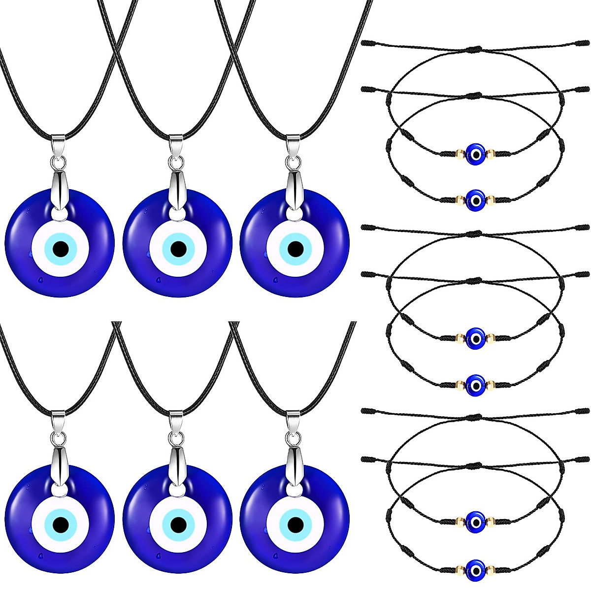 Hicarer 6 Set Evil Eye Bracelet and Necklace Kit, 6 Pieces Amulet Lucky Bracelets with Card, 6 Pieces Evil Eye Pendant Necklaces Turkish Blue Necklace for Women Men Girls Boys