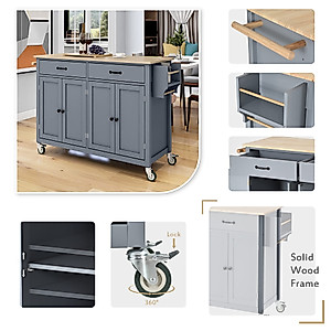Islands for Kitchens with Storage, Large Kitchen Island Cart on Wheels with Wood Top, Rolling Kitchen Island with Storage Cabinet, Living Room Storage Furniture for Small Spaces, Grey
