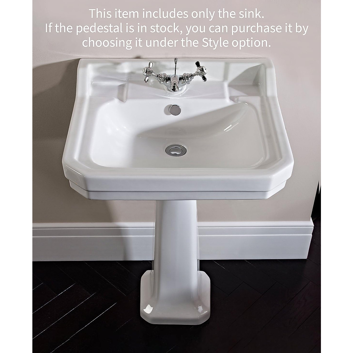 AMASHEN 24" Victoria Sink Without Pedestal, Rectangular Ceramic Bathroom Sink with Single Hole and Overflow, White (Sink Only)