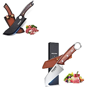 Huusk Hand Forged Meat Cleaver Knives Bundle with Outdoor Cooking Knife for Kitchen BBQ Fishing