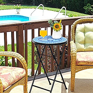Giantex Outdoor Side Table, Folding Mosaic Patio Table, 14'' Round Metal End Table w/Ceramic Tile Top, Small Patio Table Accent Coffee Table for Porch Garden Balcony Plant Stand Indoor Outdoor (Blue)