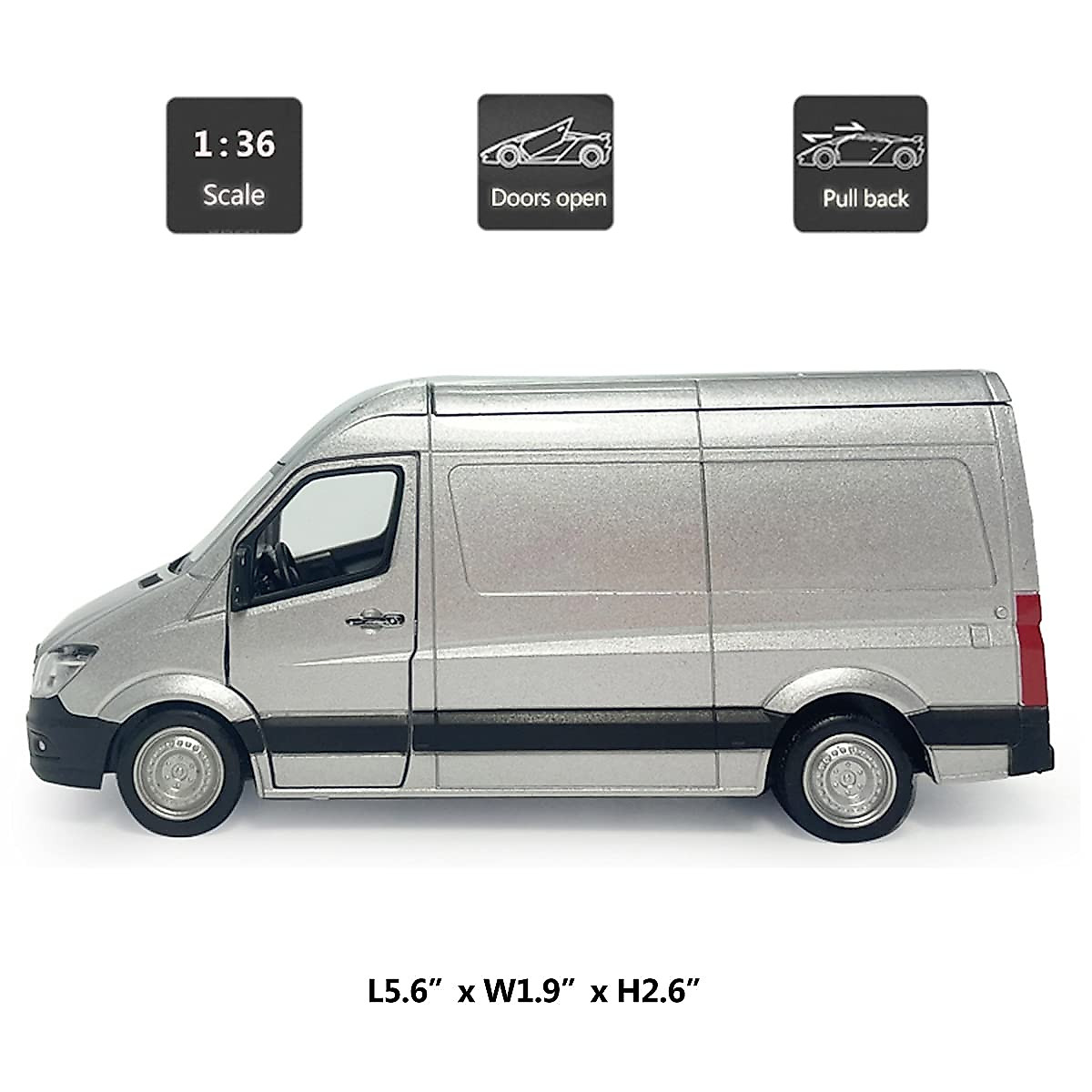 Sprinter Toy Truck Van Cargo Delivery Model Car Diecast Vehicle 1/36 Scale Metal Pull Back Toy Cars Doors Open Zinc Alloy Casting Toys for Boys Kids Birthday Gifts Mens Collection, Silver Gray