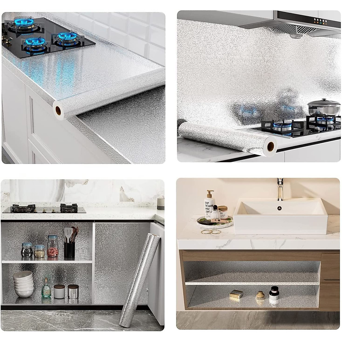 Beminh Kitchen Backsplash Wallpaper Stickers, Kitchen Stickers Self Adhesive Kitchen Aluminum Foil Stickers Oil Proof Waterproof Kitchen Stove Sticker (15.7X394 Inches)