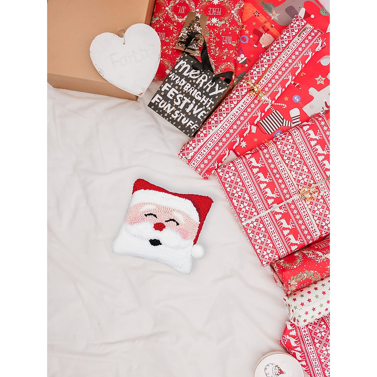 C&F Home 8" X 8" Happy Santa Hooked Pillow Petite Xmas Christmas Winter Decor Decoration Throw Pillow for Couch Chair Living Room Bedroom 8 x 8 Red