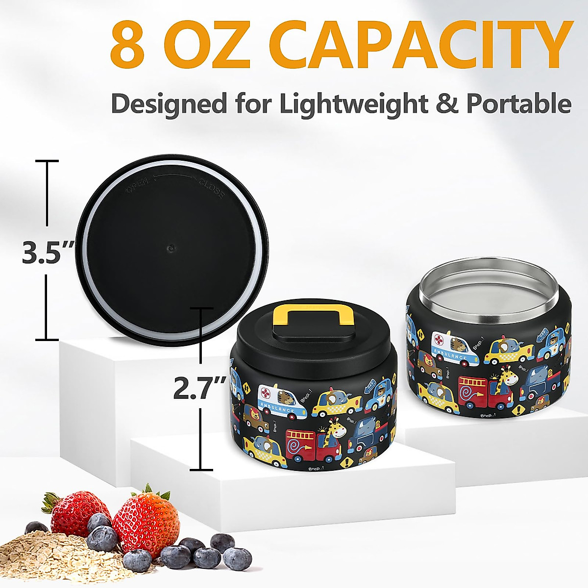 PIQUEBAR 8oz Kids Thermo for Hot Food,Small Lunch Thermos Food Container Stainless Steel,Easy Open Wide Mouth Thermo for Hot Cold Food for Preschool Travel (Black Animal Truck)