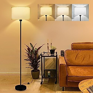 Floor Lamps for Living Room, Modern Standing Lamp with 3 Color Temperatures(9W Bulb), White Linen Lampshade, Foot Switch, Simple Reading Floor Lamps Tall Lamps for Bedroom/Office/Nightstand/Classroom