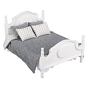 Dollhouse Furniture Queen Bed Set, Mini Bedroom Accessories for 12 inch Dolls, Grey Bedding, White Wooden Frame, 1/6 Scale