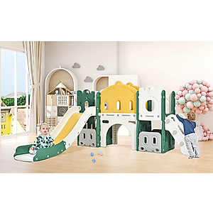 Veemuaro 6 in 1 Toddler Slide Set, Kids Slide for Toddlers, Kids Playing Climber Sliding Playset with Basketball Hoop, Tunnel and Storage Space, Toddler Playground Indoor Outdoor