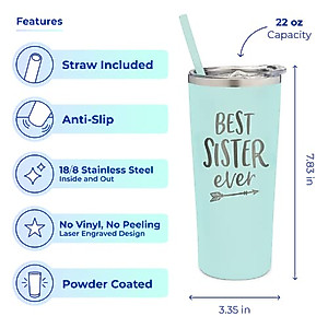 Best Sister Ever Insulated Stainless Steel Tumbler Cup with Slide Close lid and Straw - Insulated Mugs for Coffee, Wine & Travel, Personalized & Funny Mugs - Best Little Sister - Big Sister Presents