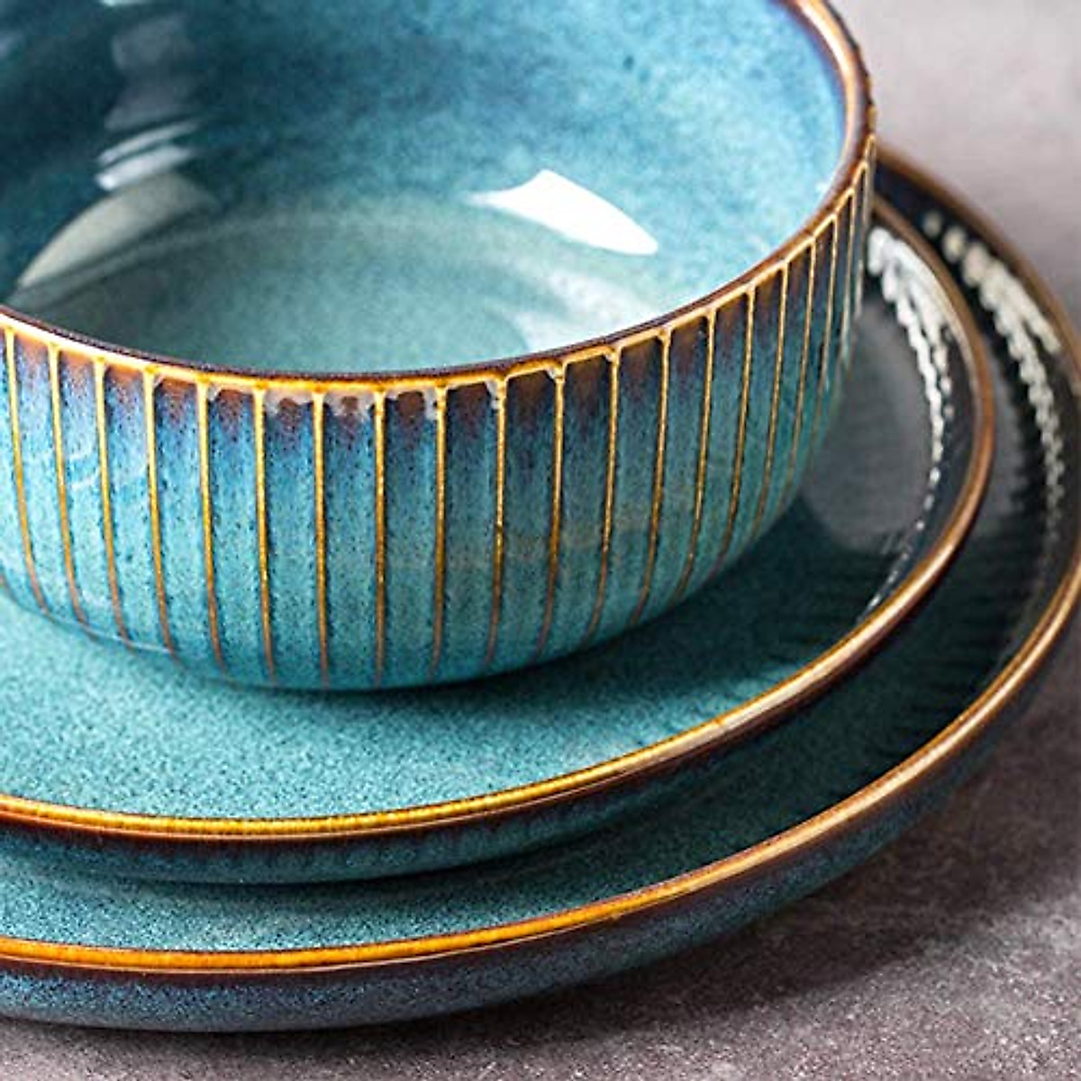 Kitchen DinnerwareFine Dinnerware Set,Porcelain Dinnerware Set, Ceramic Plates and Bowls Sets, Modern Creativity Vintage Lounge Round Reactive Glaze Stoneware Dishes Set for Kitchen/Dining, Blue,Serv