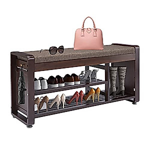 NURTUDIS Shoe Rack Bench Entryway, Bamboo Shoe Storage Stool with Removable Cushion, 2-Tier Entryway Shoe Organizer Shelf with Side Drawer & Hooks for Entryway, Living Room, Bedroom, Bathroom(Large)