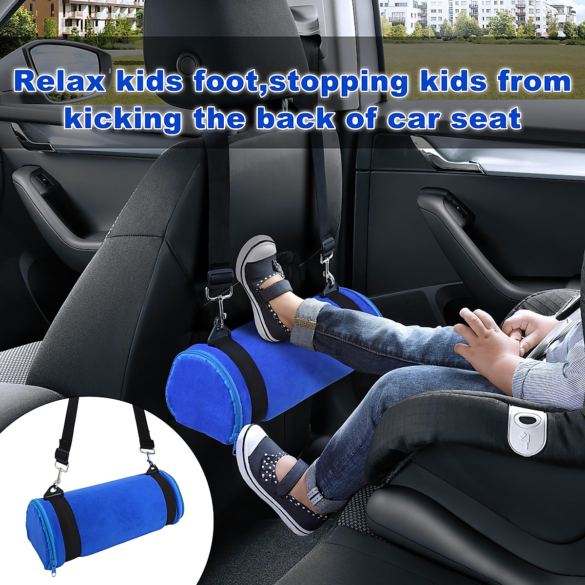 Kalnweis Car Seat Foot Rest,Car Seat Foot Rest for Kids-Booster Seat Foot Rest-Convenient Car Accessories for Kids - Supportive Car Seat Pillow for Toddlers - Long Adjustable Strap (Blue)
