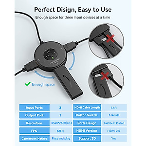 HDMI Switch 4K 60Hz, 3 in 1 Out HDMI Splitter for HDTV/Xbox/PS5/Fire Stick/DVD Player/PS4/PS3 4K 1080P 3D, Meofia HDMI Hub 3 Port HDMI Switch Box, HDMI 2.0 Switcher Multi HDMI Adapter