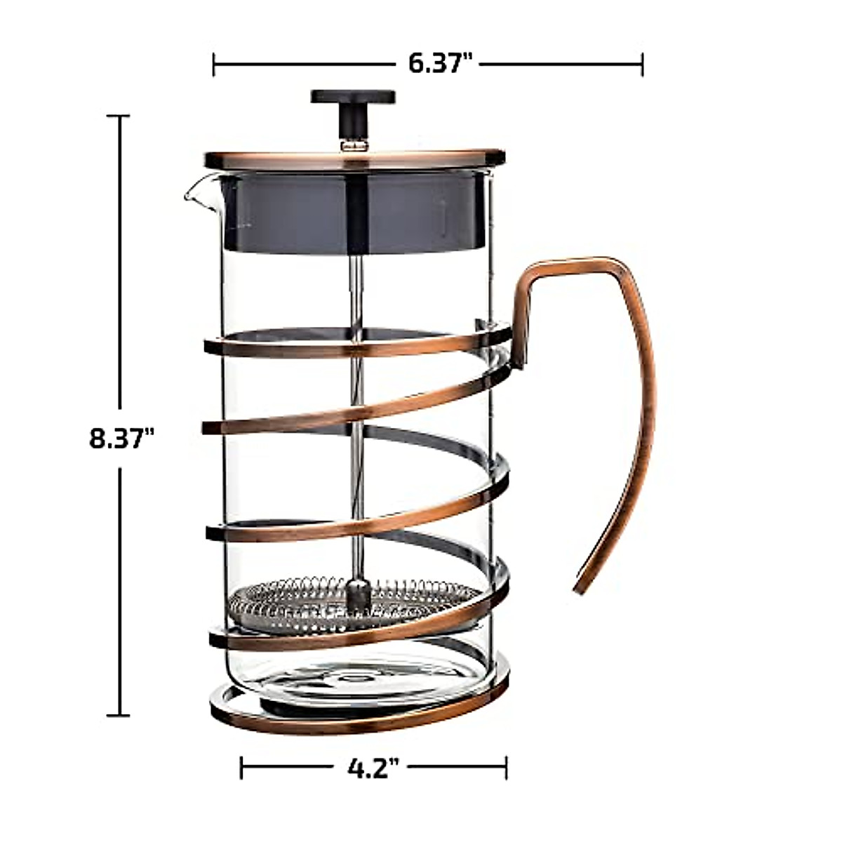 OVENTE Glass French Press Coffee Maker - 34 oz w/Stainless Steel Filter Plunger - Hot or Cold Brew, BPA Free Travel Coffee Press Camping Ready Coffee & Tea Maker - Spiral Copper FSW34C