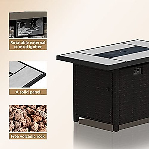 XIZZI Patio Furniture Set Outdoor Sectional Sofa with 42" 50000BTU Gas Propane Fire Pit Table 13 Pieces PE Wicker Rattan Patio Conversation Sets with 4 Pillows and Furniture Covers,Fire Pit/Beige