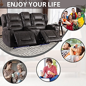 ETAGERIA Home Theater Seating 67" RV Recliner Double Reclining Loveseat Electric Recliner Loveseat Sofa with Console,Light Bar,Cup Holder (Black Grey)
