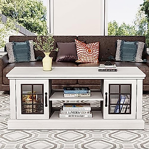 AMERLIFE 47" Rustic Coffee Table, Farmhouse 2 Shelves Center Table with Glass Door Closed Storage Cabinet for Living Room, Distressed White