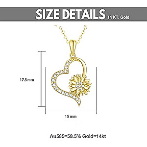 Solid 14k Gold Sunflower Heart Necklace for Wome, Real Gold Flower Necklace You are May Sunshine Necklace Love Jewelry Gifts for Wife, Mom, 16''-18''