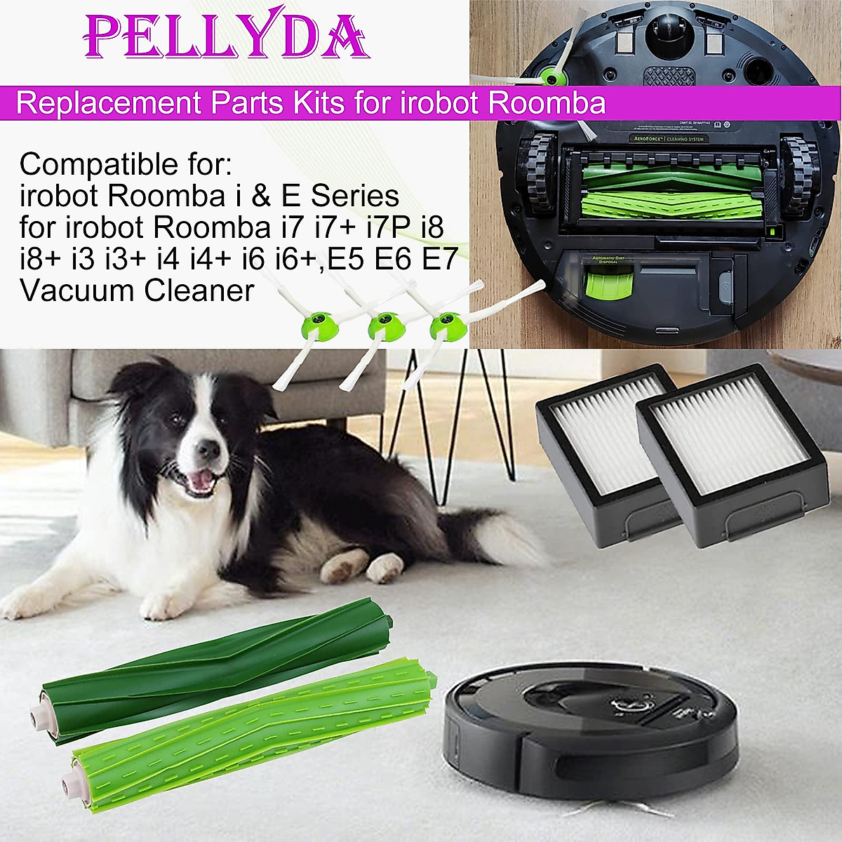 PELLYDA Replacement Parts for irobot Roomba i,e&j Series,i3 i3+ i4 i6 i6+ i7 i7+ i8 i8+ E5 E6 E7 Vacuum Cleaner,Replenishment kits Accessories 2 Set Rubber Brushes,10 HEPA Filters,10 Side Brushes