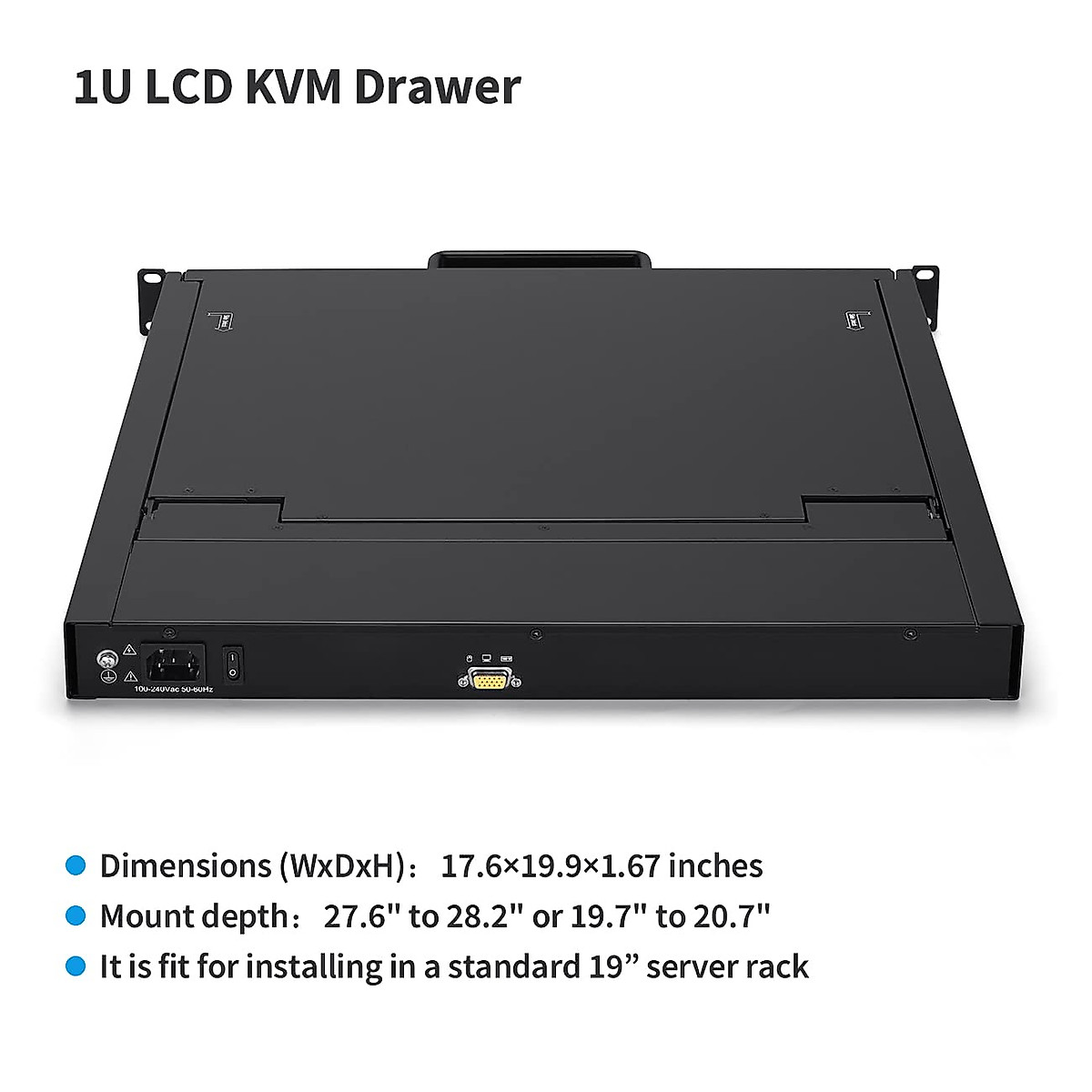 1U Rackmount KVM Console, 17" Rack Mount Monitor Keyboard, Single Port VGA KVM, 18.9" Deep, 1280X1024 60Hz, Includes 1 USB VGA KVM Cable,1 Power Cord,2 Brackets, Support Windows, Linux, Mac and Sun