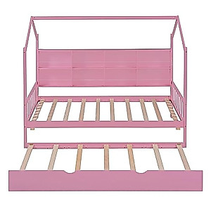 GOWE Wooden Twin Size House Bed with Trundle,Kids Bed with Shelf,Pink