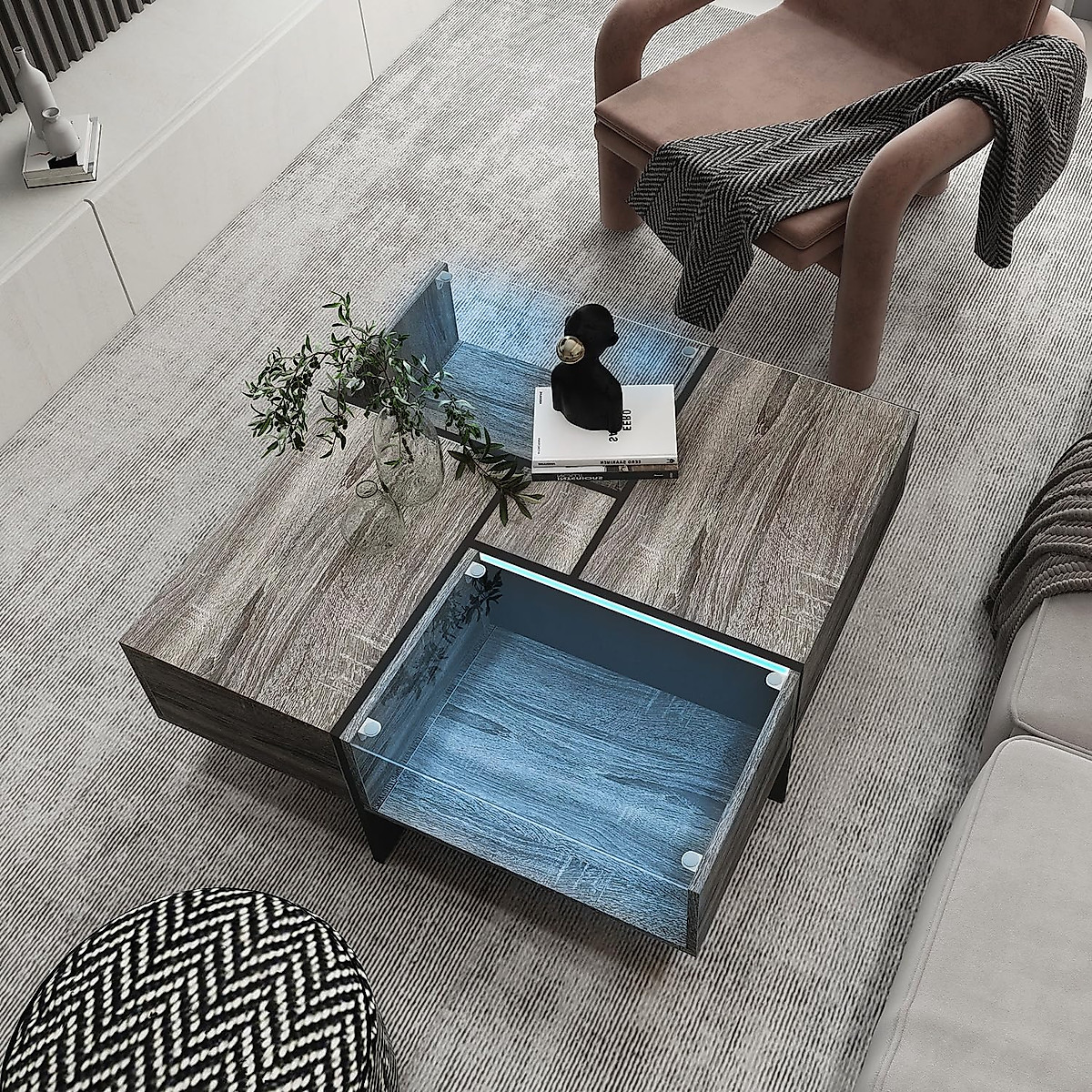 Furnnylane LED Coffee Table with 2 Drawers,Square Coffee Table with Storages for Living Room,Grey,35.4" D x 35.4" W x 15.7" H