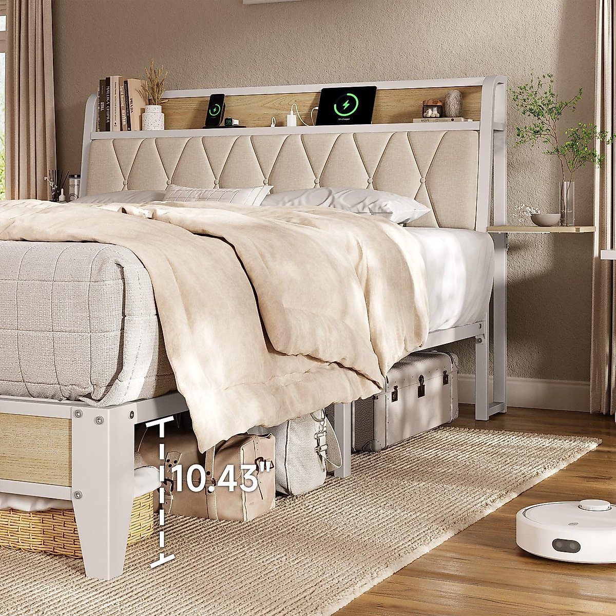 ONBRILL Queen Bed Frame with Side Storage Shelf, Ergonomic Upholstered Headboard with Charging Station, Queen Size Platform Bed Frame, Metal Slats Support, No Box Spring Needed, Easy Assembly, White