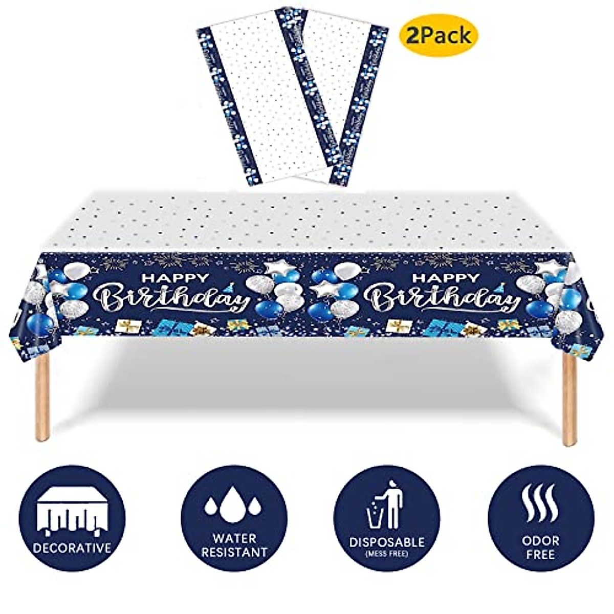 UOMNICUE Happy Birthday Tablecloths, 2 Pack Navy Blue and Silver Waterproof Stainproof Plastic Disposable Rectangle Birthday Table Cover for Kids Boys Girls Baby Shower Birthday Party Decorations