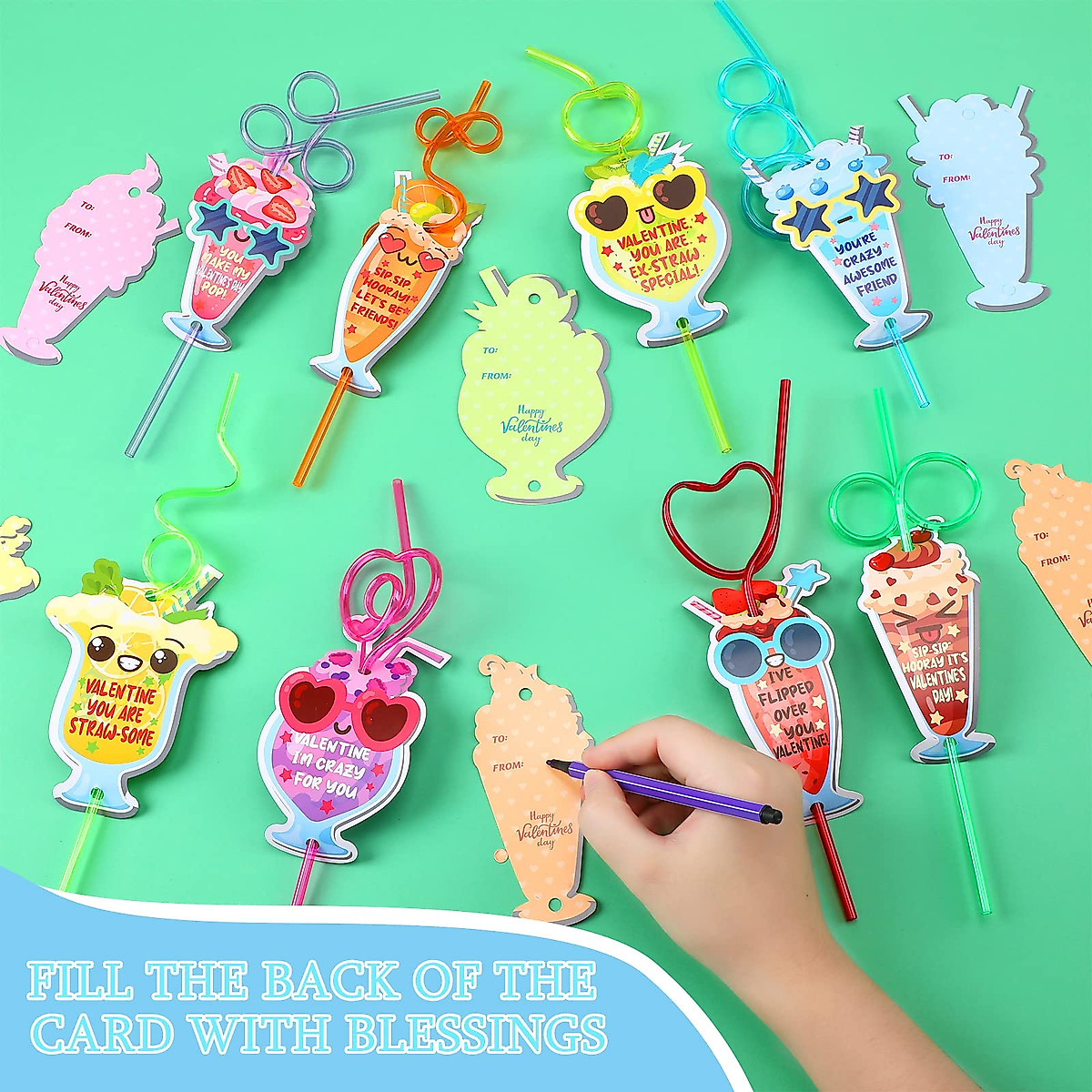32 Pack Valentines Day Cards with Crazy Straws for Kids Valentine Gift Card Exchange with Heart Straws for Girls Boys School Class Exchange Gifts Prizes Valentine's Party Favors