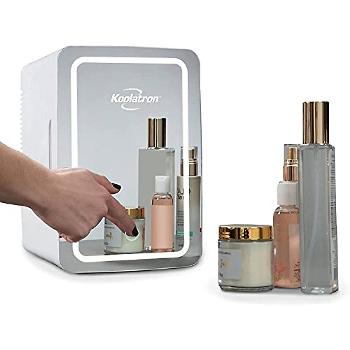 Koolatron Cosmetics Fridge w/Lighted Makeup Mirror, 6L Portable Skincare Refrigerator w/LED Ring Light, 12 Volt DC and 110 Volt AC Cords, Beauty Serum, Face Mask, Home, Travel, Hotel, Dorm, Office