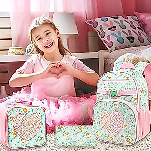 TXHVO 3PCS Kids Backpack for Girls, 16” Preschool Bookbag with Lunch Box, Cute Girl Sequin Backpacks for Elementary School