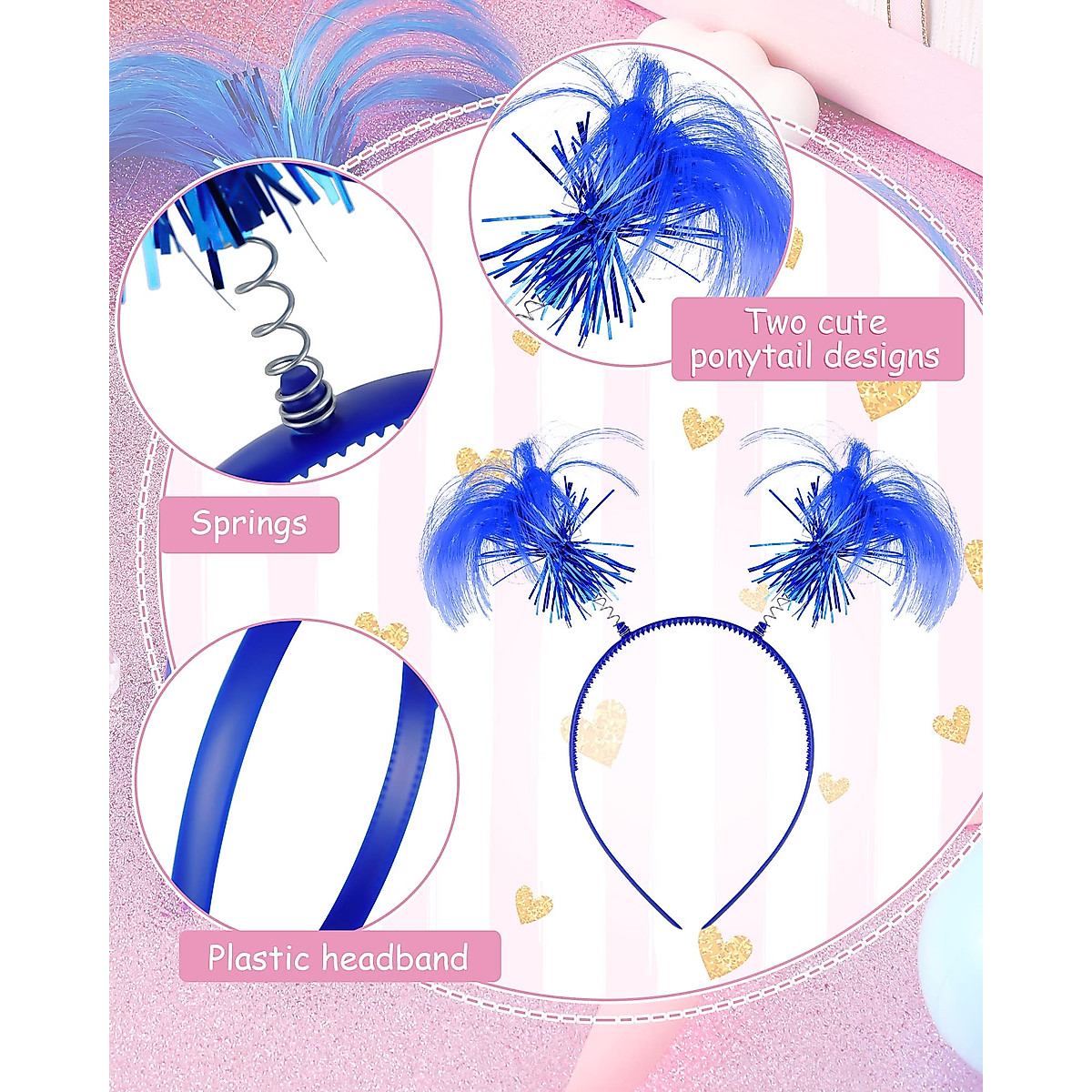 12 Pcs Tinsel Wrapped Ponytails Headband with Heart Shape Sunglasses Costume Party Faux Feather Headwear Bopper for Festival(Blue)