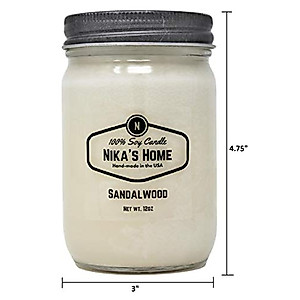 Nika's Home Sandalwood Soy Candle 12oz Mason Jar Non-Toxic White Soy Handmade, Long Burning 50-60 Hours Highly Scented All Natural, Clean Burning Large Candle Gift Décor