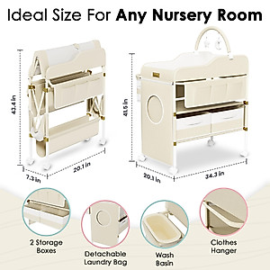 Portable Baby Changing Table with Wheels - Modern Dresser Changing Tables w/Hanging Toys, Laundry Bag, Changing Table Organizer Boxes - Folding Waterproof Baby Diaper Changing Station for Nursery